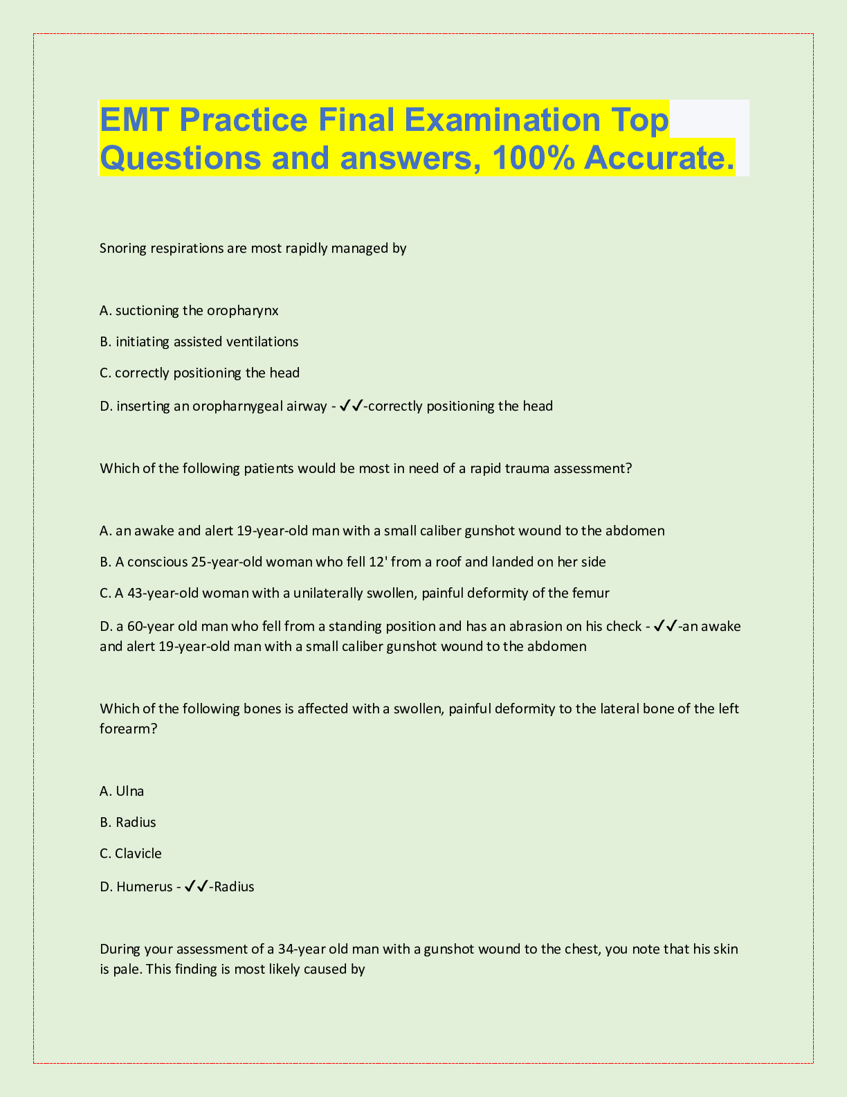 EMT Practice Final Examination Top Questions and answers, 100% Accurate. - Scholarfriends